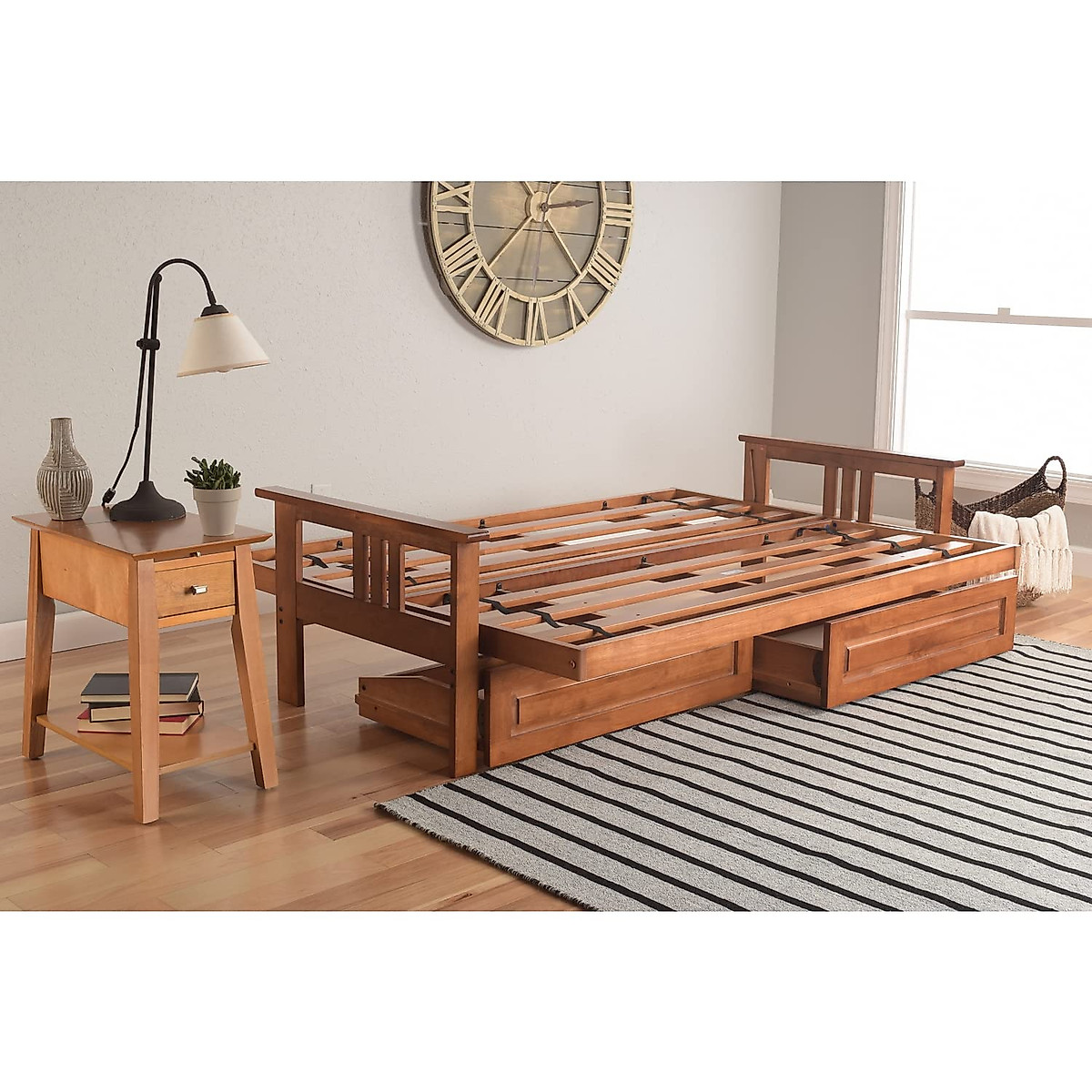 HomeStock Asian Allure Fusion Futon Wood Frame Classic Style with Mission Style Arms with Solid Pattern with Foldable Feature for Lounge Room with Tight Back Butternut/Full Frame with Drawers