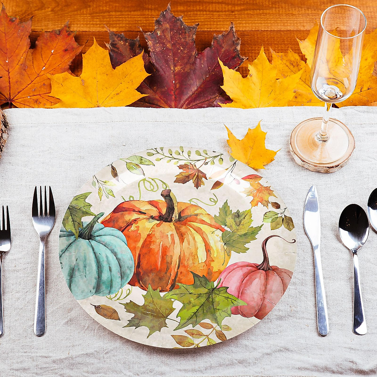 AnyDesign 40Pcs Thanksgiving Fall Paper Plates Watercolor Pumpkins Round Disposable Plates Retro Pumpkin Harvest Design Plates for Fall Theme Party Holiday Banquet Dinnerware Supplies