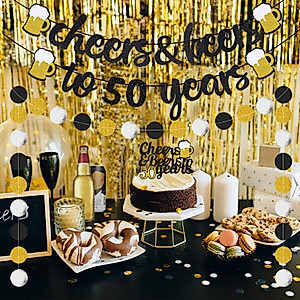 50th Birthday Decorations, 50 Years Anniversary Decorations for Men Women, Cheers to 50 Years Banner with 50 Years Old Cake Topper, Black Gold Glittery Circle Dots Garland for 50 Birthday Wedding