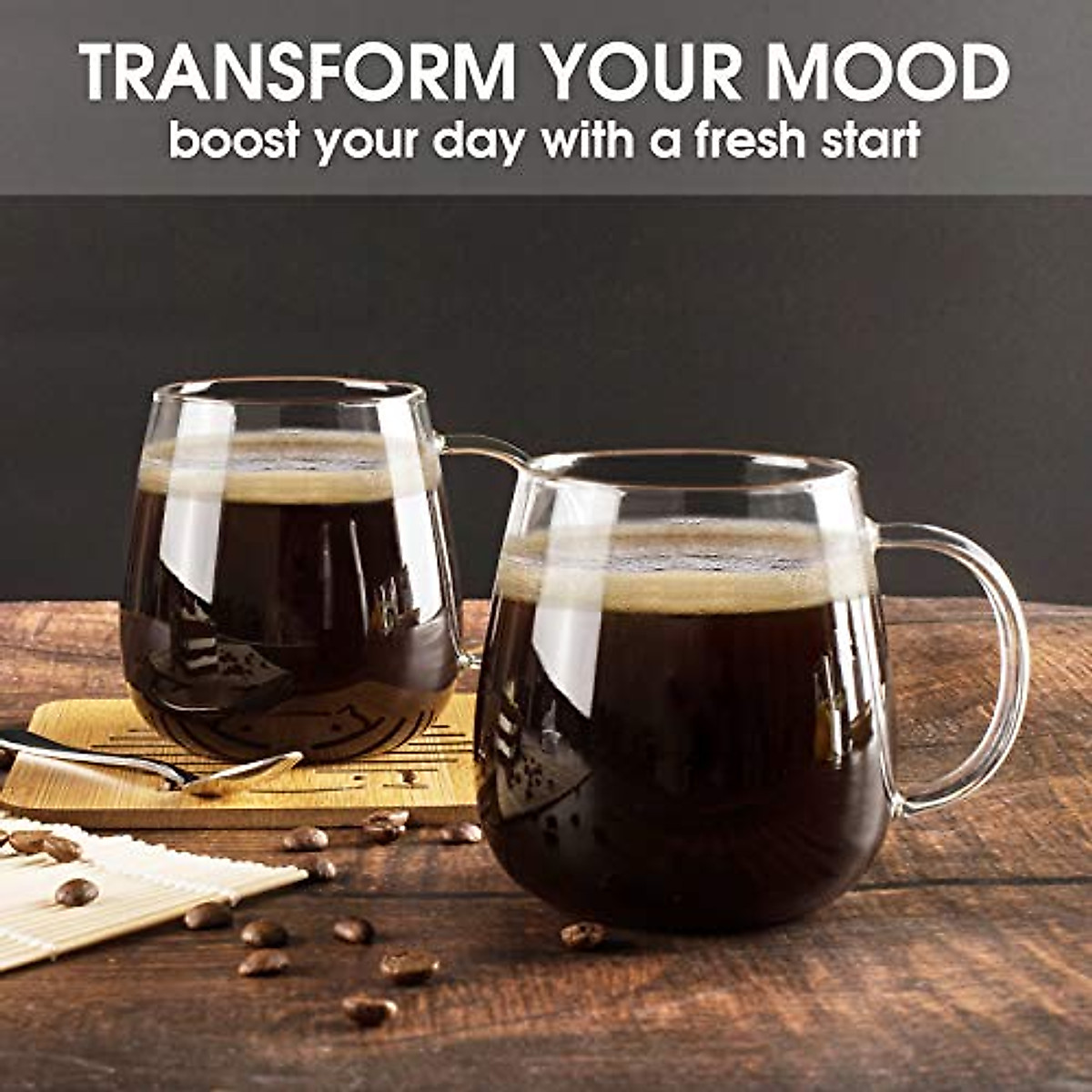 Farielyn-X Glass Coffee Mugs Set of 6, Microwave Safe Borosilicate Glass Cups, 15 Ounce Large Mugs Gifts for Family, latte, Chocolate & Beverage, Mocha, Cappuccino, Tea and Water, Clear Drinking Cups