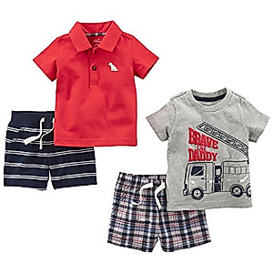 Simple Joys by Carter's Baby 4-piece Playwear Set, Red Plaid/Fire Truck/Blue Stripe, 18 Months