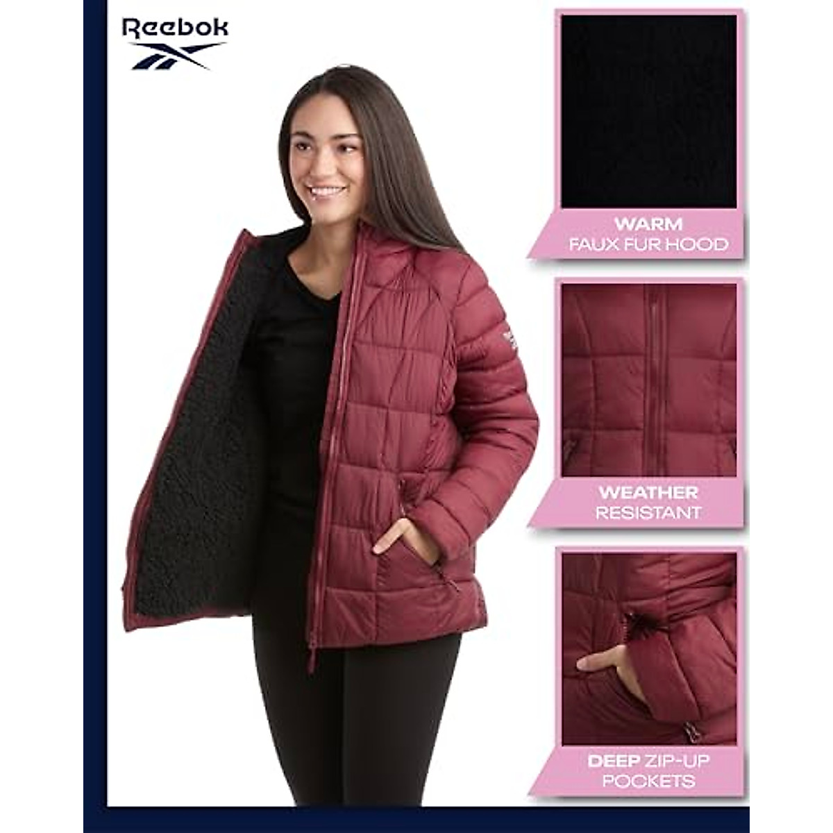 Reebok Women's Winter Jacket - Heavyweight Quilted Puffer Parka Coat - Sherpa Lined Ski Jacket for Women (S-XL), Size X-Large, Classic Maroon