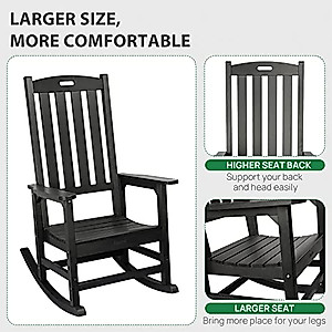 Cecarol Patio Oversized Rocking Chair Outdoor, Weather Resistant, Low Maintenance, High Back Front Porch Rocker Chairs 385lbs Support Poly Lumber Rocker, Wood-Like Plastic Chair, Black-PRC01