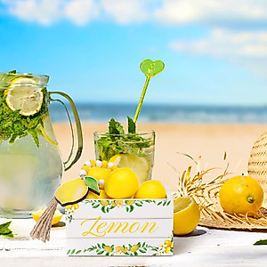 Qunclay Lemon Mini Crate Summer Tiered Tray Decor with 8 Faux Lemons with Wood Bead Tassel Farmhouse Lemonade Kitchen Decorations Summertime Wood Crate for Party Decor