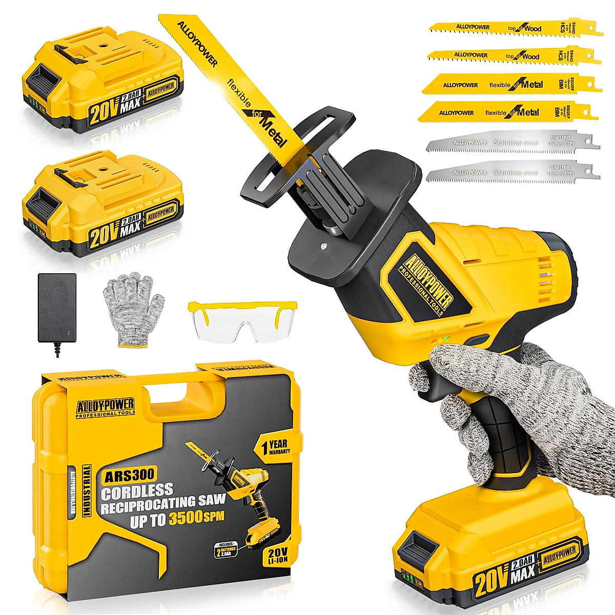 ALLOY POWER 20V Cordless Reciprocating Saw, 0-3500 SPM, with 2 Packs Batteries, Tool-free Blade Change, LED Light Power Reciprocating Saws, 6 Saw Blades Kit for Wood/Metal/PVC Cutting Included