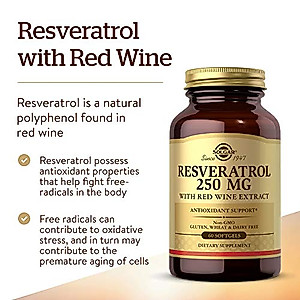 Solgar Resveratrol with Red Wine Extract, 250 mg, 60 Softgels - Antioxidant Protection - Immune Support - Red Wine Polyphenol - Non-GMO, Gluten Free, Dairy Free - 60 Servings