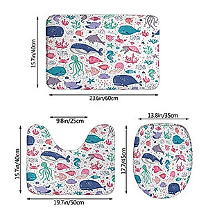 HGOD DESIGNS Sea Bath Mat Colorful Sea Life Cute Fish Jellyfish Starfish Octopus Seamless Pattern Bathroom 3 Piece Set Non-Slip Bathmat Antiskid Pad Doormat and Toilet Lid Cover Set