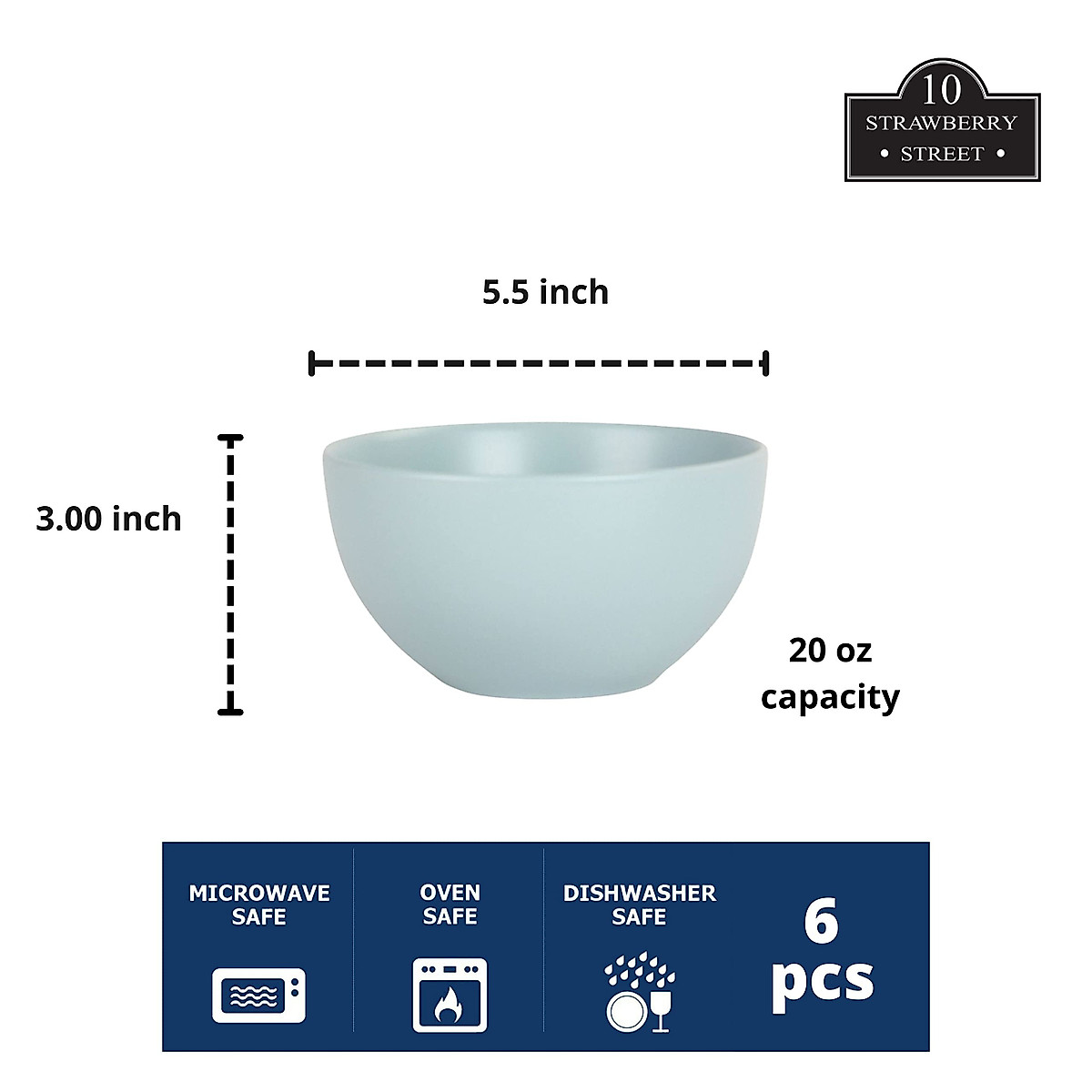 10 Strawberry Street Wazee Matte 5.5"/16oz Cereal Bowl, Set of 6, Mineral Blue