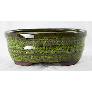 1 Pcs Oval Glazed Succulent, Bonsai Pot With Mesh & Wire 6"x 4.5"x 2.5" - Moss Green