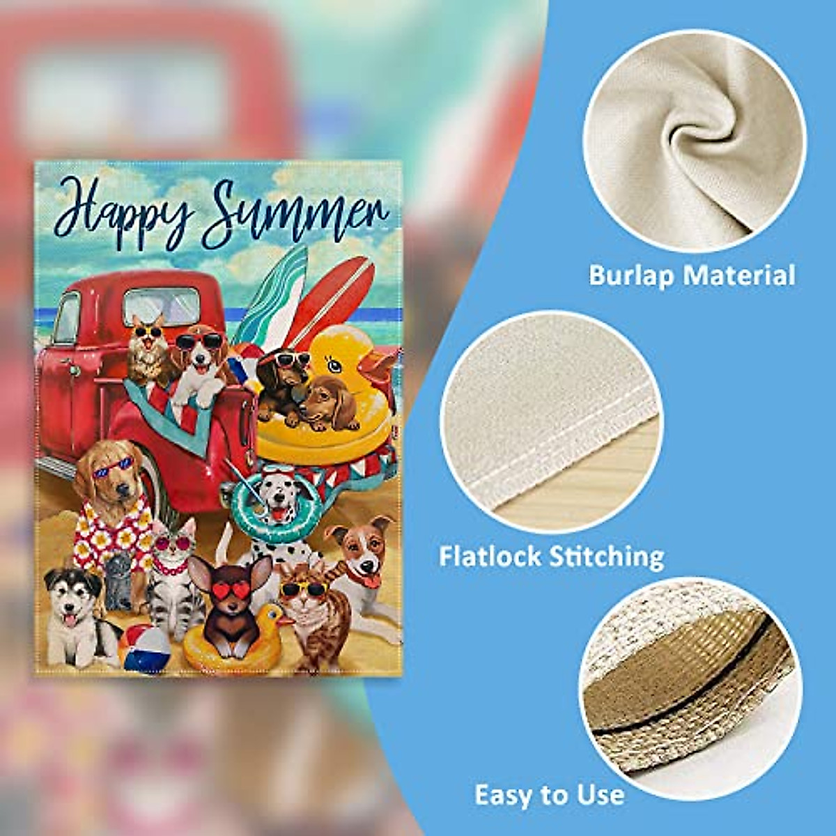 Covido Happy Summer Red Truck Coastal Decorative Garden Flag, Dogs Beach Yard Nautical Outside Decoration, Ocean Outdoor Small Burlap Home Decor Double Sided 12 x 18