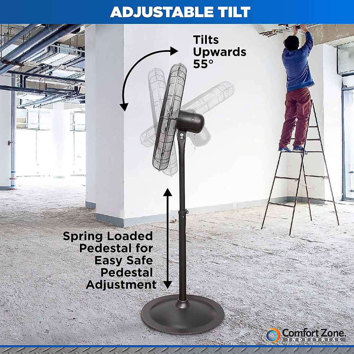 Comfort Zone CZHVP30 30” High-Velocity 3-Speed Industrial Pedestal Fan with Aluminum Blades and Adjustable Height, Black