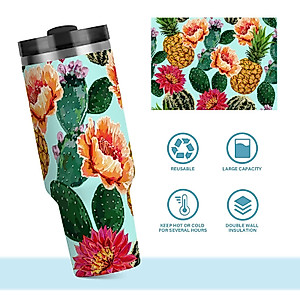 Yasala Car Tumbler with Handle Cactus Pineapple Travel Mug Coffee Cup Insulated Beverage Container Mega Cup for Hot Cold Drinking Thermos Water Bottle Cupholder Friendly 40 oz