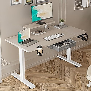 BUNOEM Height Adjustable Electric Standing Desk with One Drawer, Table with Storage Shelf, Sit & Stand Home Office Desk with Storage Space (Oak, 55x30)