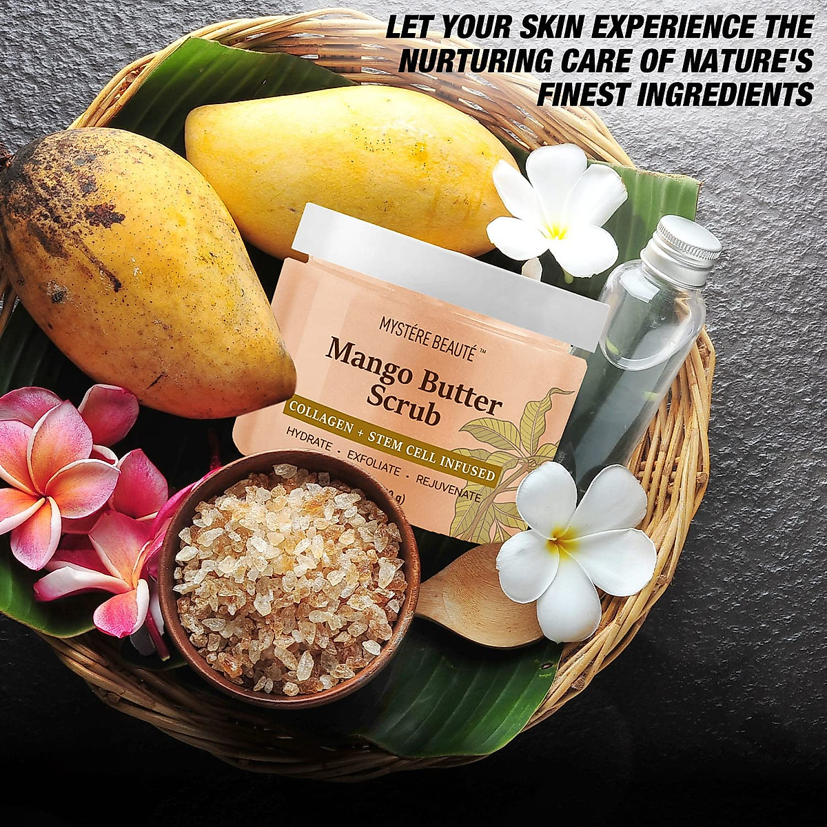 Mango Butter Body Scrub with Collagen and Stem Cells 12 oz - Exfoliating Salt Scrub for Cellulite - Deep Cleansing for Acne, Scars, Wrinkles - Moisturizes Skin