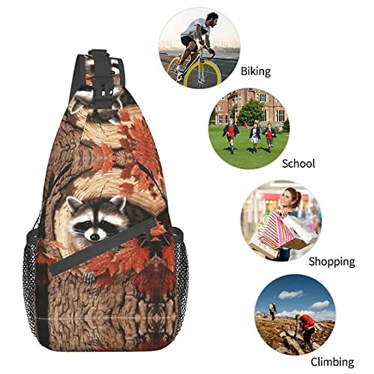 Raccoon In The Fall Tree Hole Man Woman Sling Backpack Multipurpose Chest Bag Travel Daypack Anti-Theft Cross Body Bag