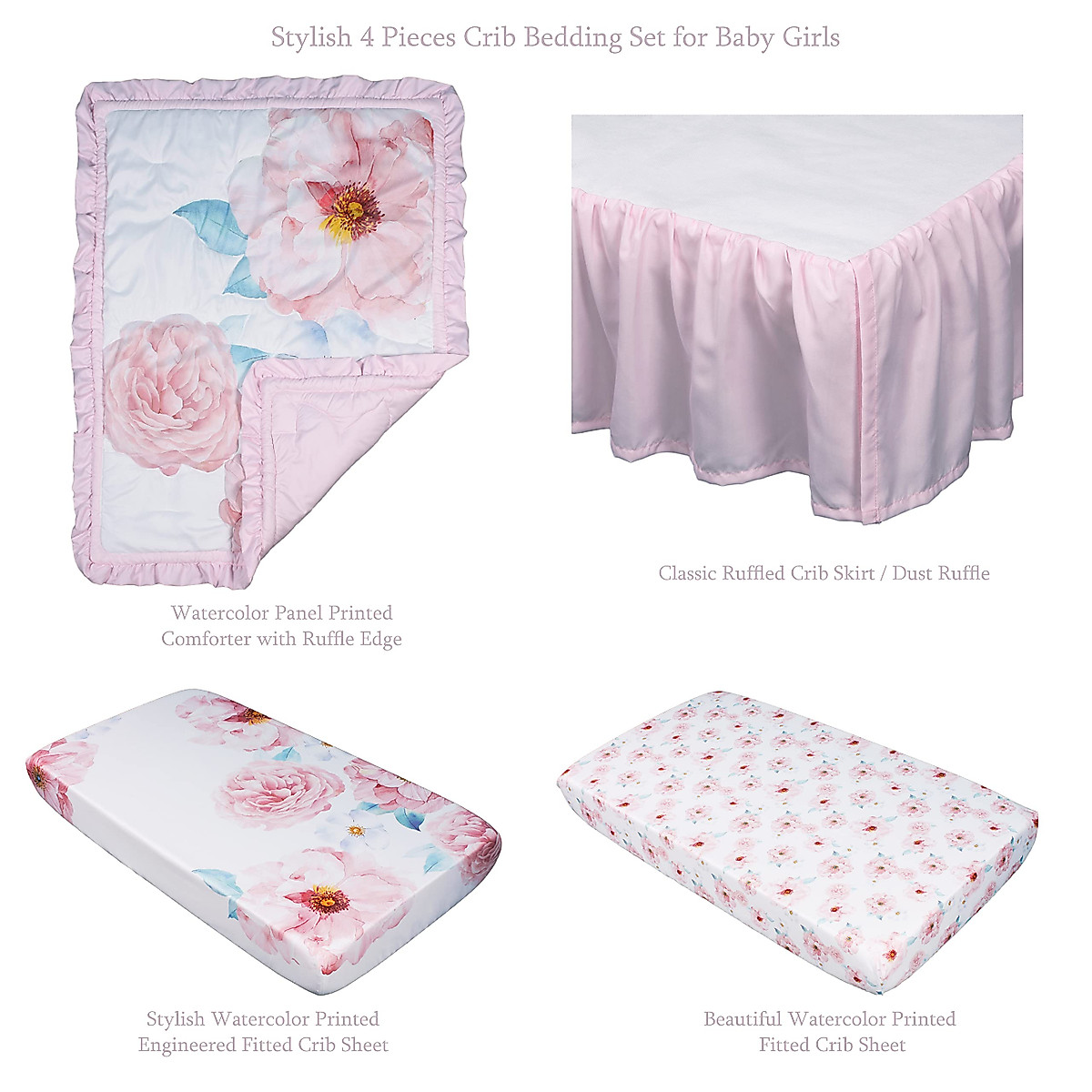 La Premura Baby Girl Crib Bedding Set for Girls, 4-Piece Nursery Crib Set Including Crib Sheet, Blanket, Crib Skirt and Pillow Cover, Watercolor Rose, Pastel Pink & Baby Blue
