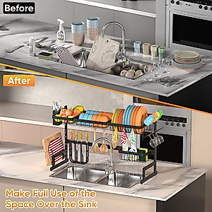 PUSDON Over Sink Dish Drying Rack (26"-37"), Adjustable Large Dish Drainer for Storage Kitchen Counter Organization, 2 Tier Stainless Steel Over Sink Dish Rack Display (Black, Sink Size≤37inch)