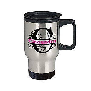 Cassandra Travel Mug Coffee Cup Gift Custom Personalized Name Letter C Monogram Insulated Commuter