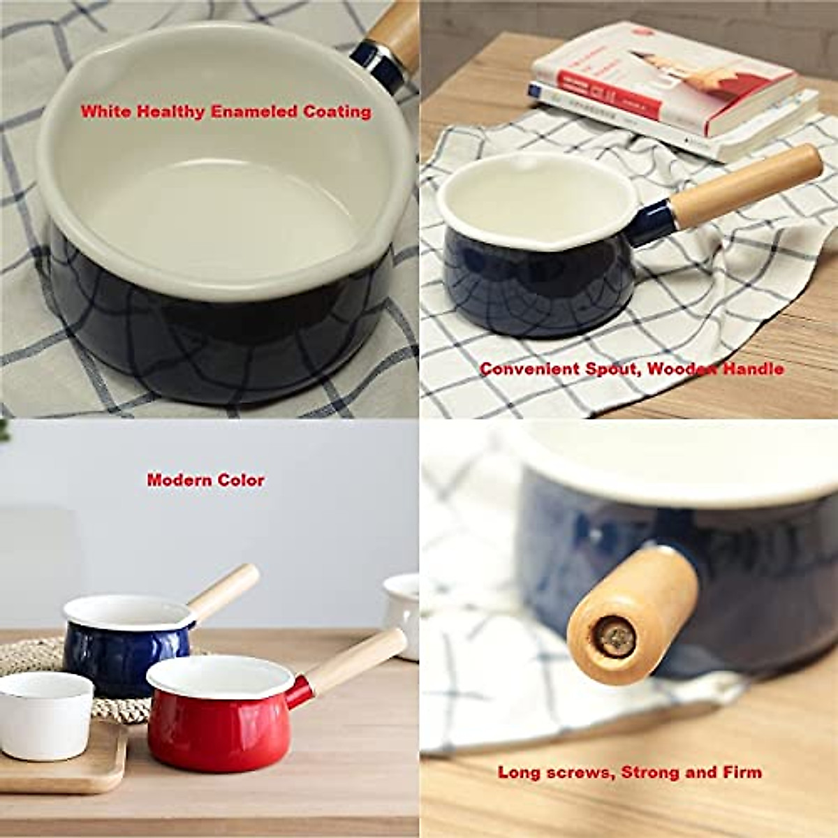 YumCute Home Enamel Milk Pan with Dual Pour Spout Butter Warmer Milk Pot Healthy White Enamel Inside Coating Iron 1QT Enamel Saucepan Small Soup Pot with Wooden Handle Handy Pot (Blue)