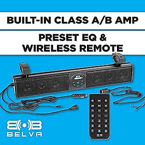 BELVA BASB26 26” Wide IPX5 Weatherproof Marine UTV ATV Sound Bar, Four 3" Speakers, Two 1" Tweeters, Built-in Amplifier, AUX Input, USB Input, Bluetooth Audio and Wireless Remote