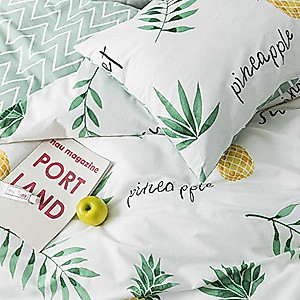 VClife Cotton Sage Green White Duvet Cover Reversible Boho Style Pineapple Herringbone Comforter Set Full Queen Size Bedding Set