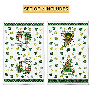 St Patricks Hand Towels Bathroom, Happy St. Patrick's Day Leprechaun Shamrocks Kitchen Towels 18”x28”, Gnomes Green Hat Irish Truck Dish Tea Towel Housewarming Gifts Decorations for Home Sets of 2