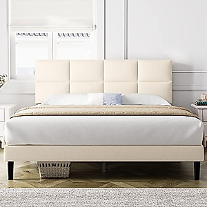 Molblly Queen Size Bed Frame with Upholstered Headboard, Strong Frame, and Wooden Slats Support, Non-Slip and Noise-Free, No Box Spring Needed, Easy Assembly, Beige
