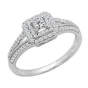 Dazzlingrock Collection Princess & Round White Diamond Halo Style Wedding Ring for Her 1/2 CT (0.50 ctw, Color I-J, Clarity I1-I2) in 14K White Gold, Size 10
