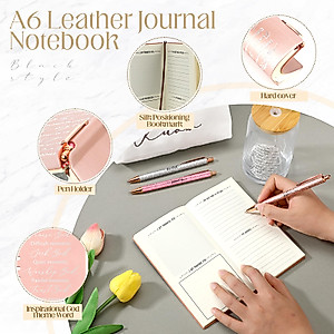 Spakon 6 Pcs Christian Gifts for Women Bible Verse A6 Leather Journal Notebook 16 oz Glass Cup Glitter Ballpoint Pen Makeup Bag Inspirational Gifts Sunday School Teacher Appreciation Day(Rose Gold)