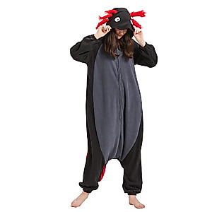 DELEY Unisex Axolotl Onesie Pajamas Cosplay Adult Animal Costume Plush Homewear Sleepwear Jumpsuit Black Axolotl