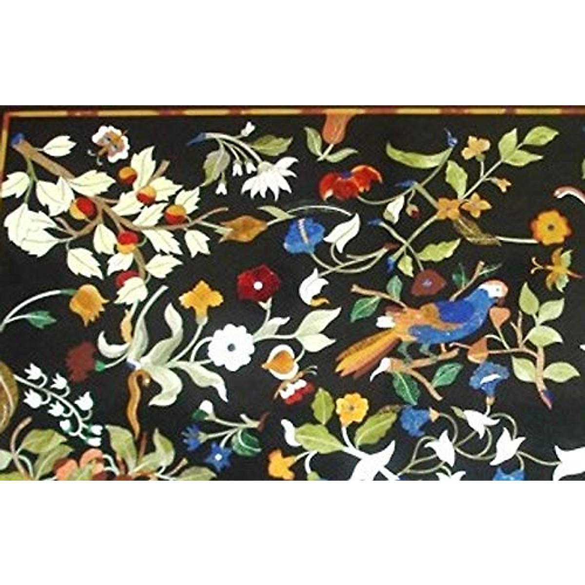 Pietra Dura Black Marble Rectangular 48" x 30" Inch Dining Table Top, Bird Inlay Fruit Inlay and Flowers Inlay Design Outdoor Decor, Indoor Decor Table Top, Piece Of Conversation, Family HeirLoom