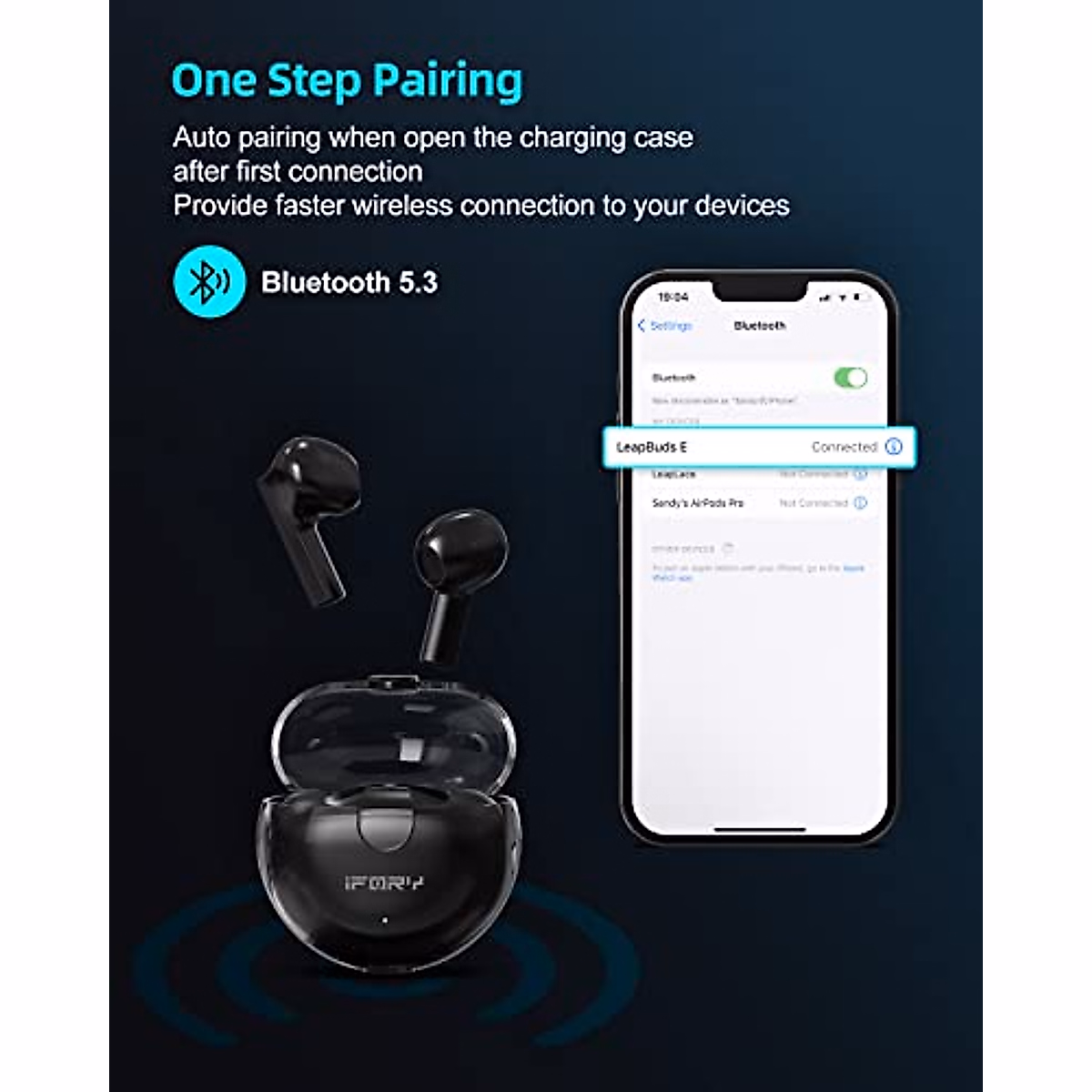 iFory True Wireless Earbuds, Bluetooth 5.3 in-Ear Earphones with Game/Music Mode 60ms Low-Latency Headphones, 40H Playtime Headset Noise cancelation, Auto Pairing Charging Case Headphones (Black)