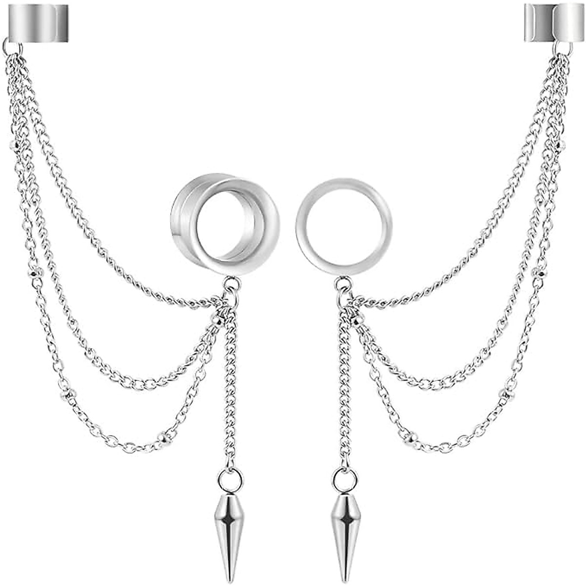 Earblity 2PCS 6mm-25mm (2G-1") Trendy Cuff Clip Triple Chain Dangle Ear Plugs Gauges Screw Ear Tunnels for Women Men Hypoallergenic 316 Stainless Steel Ear Body Piercing Jewelry