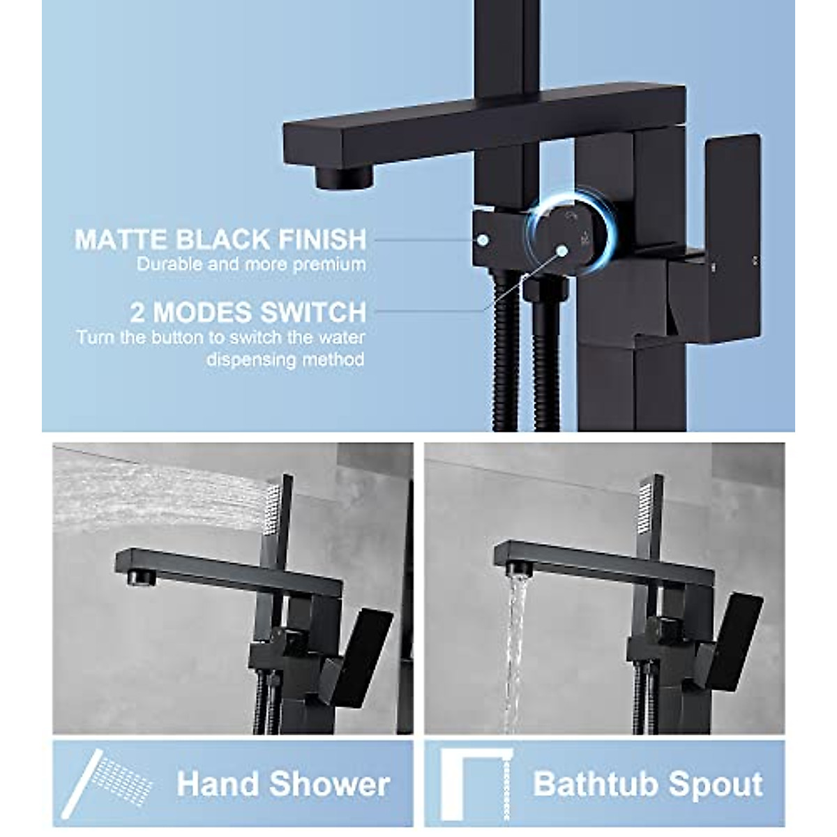 Tohlar Freestanding Bathtub Faucet Floor Mount Tub Filler Black Shower Faucets with Handheld Shower and Swivel Mixer Spout