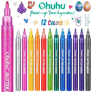 Ohuhu Glitter Markers Pen 12 Glitter Colors Metallic Marker Fine Point Tip Water-based Ink for Kids Adults DIY Crafts Greeting Birthday Cards Making Poster Album Scrapbooking Mugs Wood