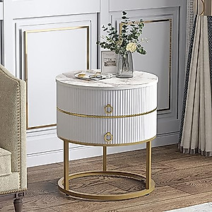 O&K FURNITURE Marble End Table with Storage, Round Nightstand with Drawer, White and Gold Side Table Metal Legs for Bedroom Living Room, Bedside Table Furniture, Marbling Natural Stone