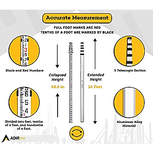 AdirPro 16-Foot Aluminum Grade Rod - 10ths, Dual Sided 5-Section Telescopic Leveling Rod – Bubble Level and Soft Carrying Case Included
