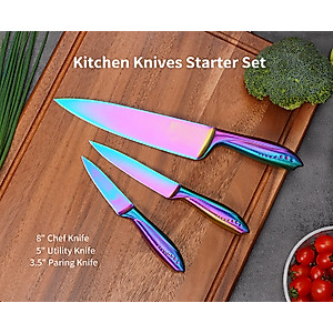 Hollory Rainbow Kitchen Knife Set 3 Piece, Razor Sharp German Stainless Steel Blade with 8 in Chef, 5 in Utility, 3.5 in Paring – Starter Set with Gift Box