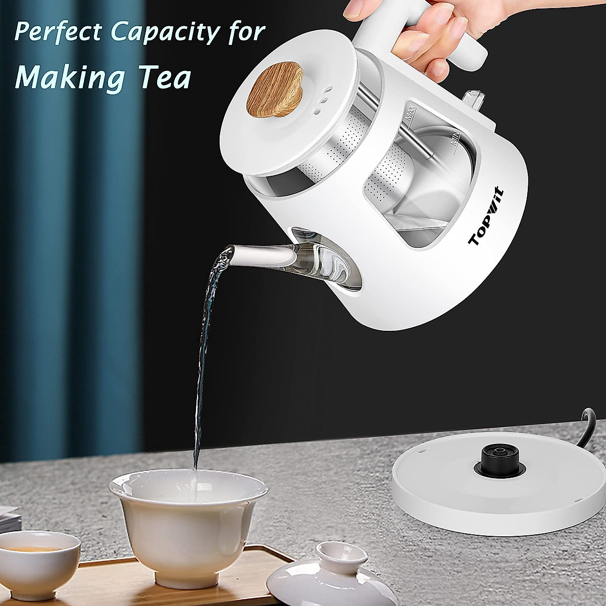 TOPWIT Electric Kettle, 1.0L Electric Tea Kettle with Removable Stainless Steel Infuser, BPA-Free Electric Glass Kettle with Window, Double Wall Water Warmer, Gooseneck Kettle, Auto-shut Off, White