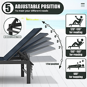 WOAJUQO Aluminum Chaise Lounge Chair Outdoor Set of 2,Pool Lounge Chair with Adjustable 5-Position Recliner,Full Flat Tanning Chair,Rust-Resistant Patio Lounge Chair for Pool, Beach,Garden,Navy Blue