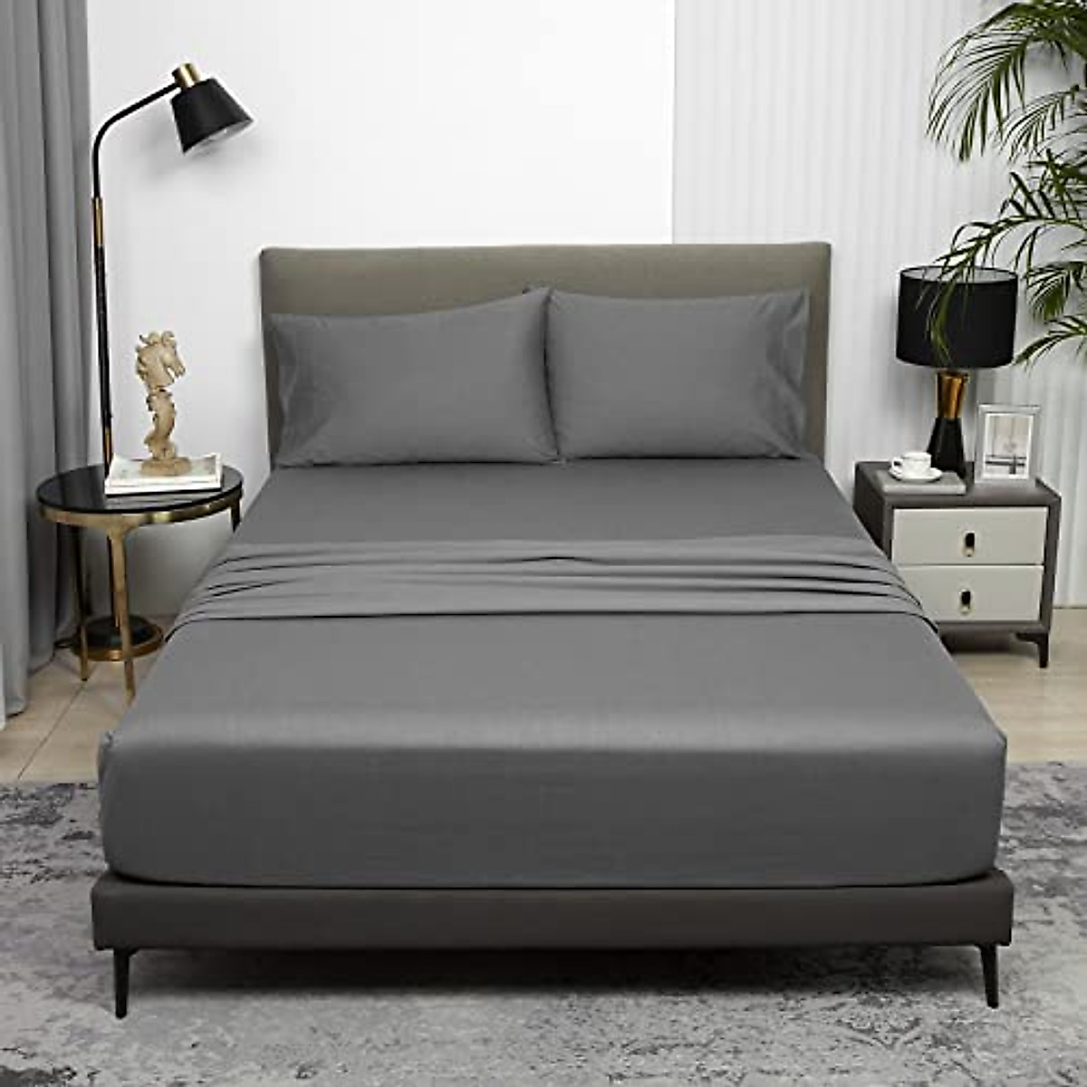 HYPREST Extra Deep Pocket Queen Sheet Sets Fits 18"-24" in Deep Mattress -100% Cotton Queen Sheet Set 400 Thread Count,Grey Hotel Luxury Soft Wrinkle Free Cooling Sheet Sets for Queen Bed Deep Pocket