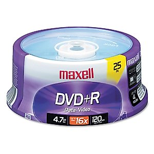 Maxell 639011 DVD+R Discs, 4.7GB, 16x, Spindle, Silver, 25/Pack