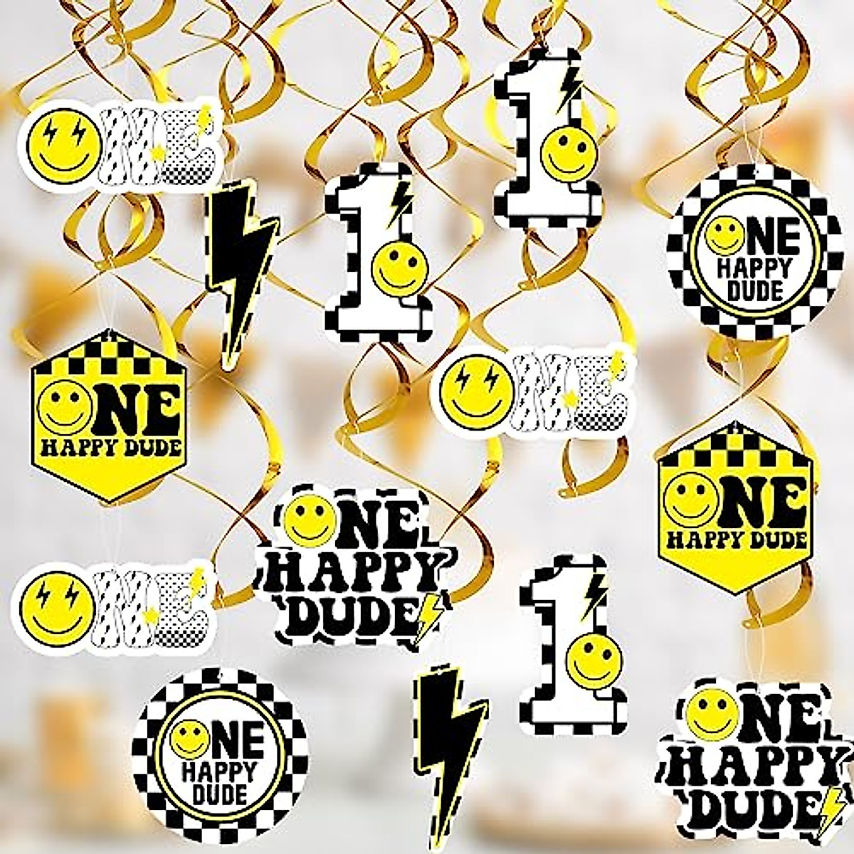 Tenceur 30 Pack One Happy Dude Hanging Swirl 1st Birthday Party Decorations Smile Face Hanging Swirl Decor Foil Ceiling Streamers Groovy One Happy Dude Birthday Party Supplies for Boys Girls