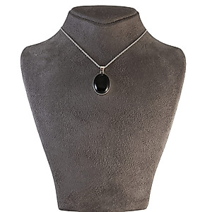 Sterling Silver Oval Black Onyx Small Pendant Necklace - Handmade 15x20mm Black Stone 16+2 inches Chain for Women