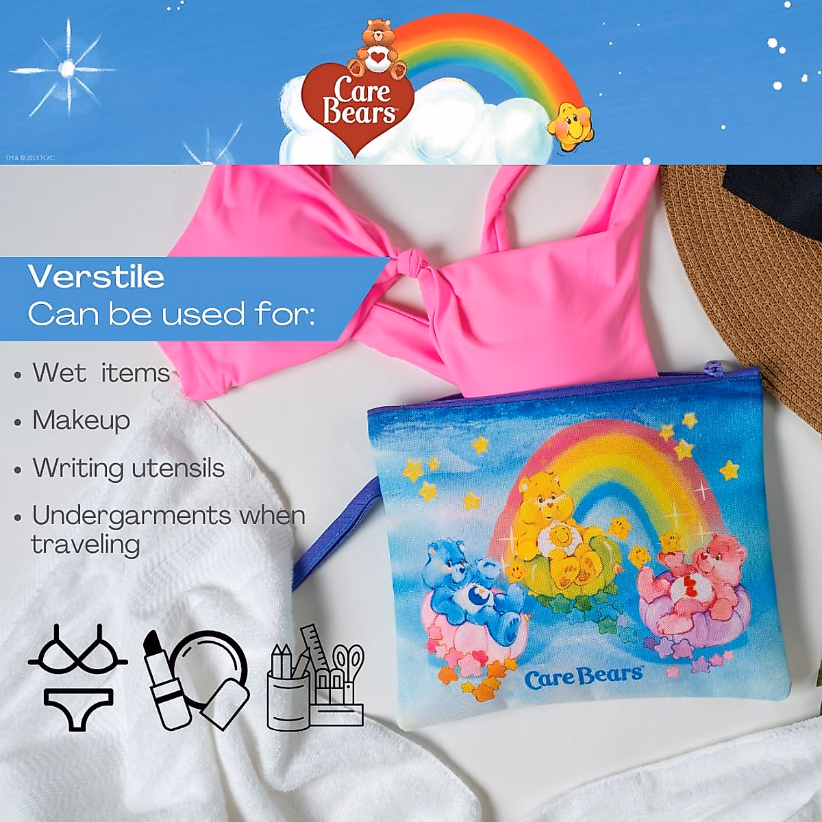 Franco Collectibles Care Bears Classic Beach/Pool Waterproof Swimsuit, Makeup, Toiletries Pouch, (Officially Licensed Product)