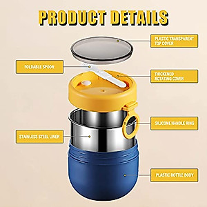 Overnight Oats Containers with Lids and Spoon 2 Pcs, 20oz Portable Stainless Steel Inside Overnight Oats Jars Insulated Food Jar, Leak-proof Large Capacity Cups for Milk, Cereal, Soup (White and Blue)