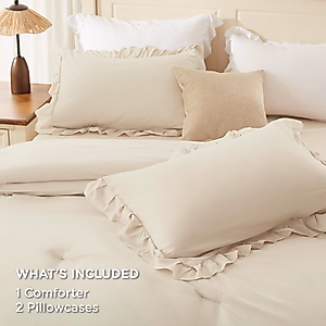 Andency Beige Comforter Set King Size, 3 Pieces Lightweight Fluffy Solid Ruffle Comforter Set, All Season Soft Microfiber Farmhouse Shabby Chic Bed Set(Beige, 104x90Inch)