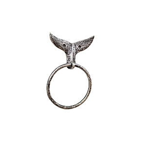 Rustic Silver Cast Iron Whale Tail Towel Holder 7.5" - Sea Life Wall Decor - Co