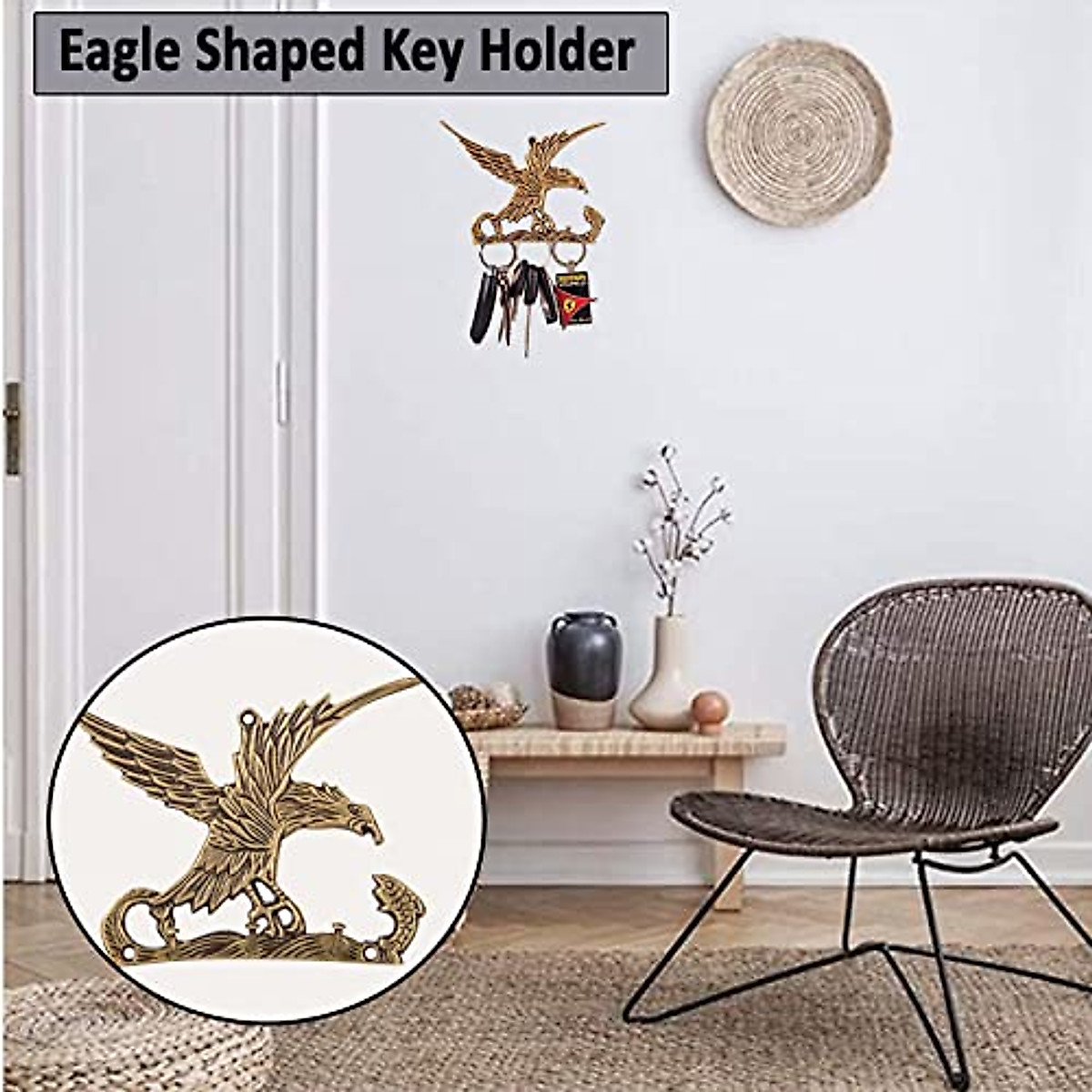 Angel's Peel Lounge Key Holder Eagle - Wall Mounted Key Hanger with 3 Hooks - Eagle Single Brass Hook for Coat, Towel, Hat, Clothes - Home Decor Key Holder for Kitchen, Office, Farmhouse