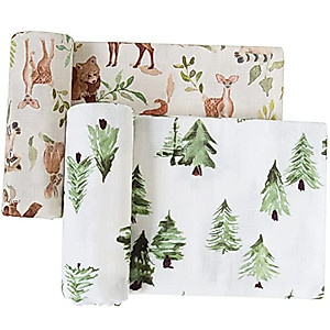 LifeTree Muslin Swaddle Blankets Neutral, Woodland Baby Swaddling Wrap Nursery Receiving Blanket for Boys & Girls Unisex, Soft Bamboo Cotton, Large 47 x 47 inches
